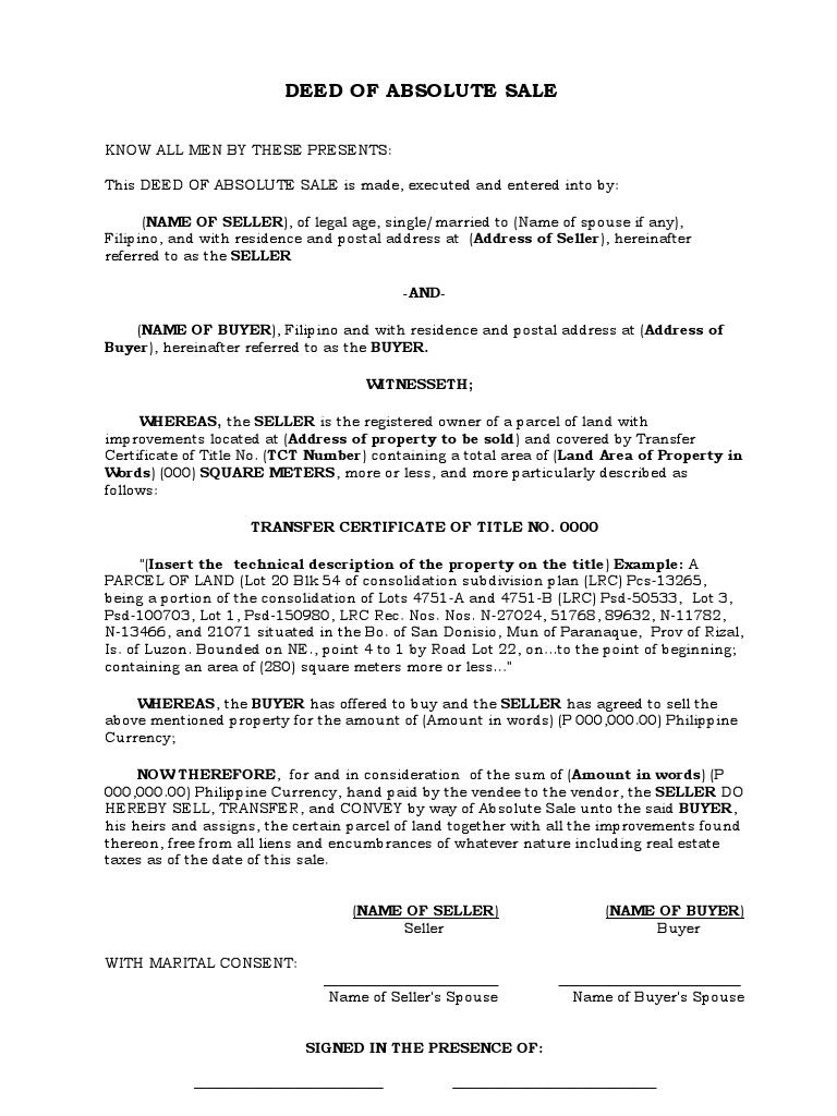 Deed of Absolute Sale | PDF | Land Lot | Land Law Deed of Absolute Sale | PDF | Land Lot | Land Law