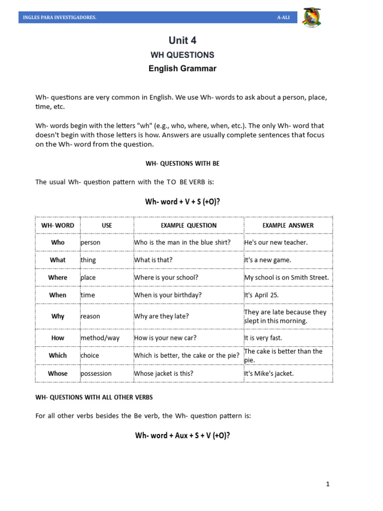 Unit 4 WH Questions | PDF | Question | Syntax