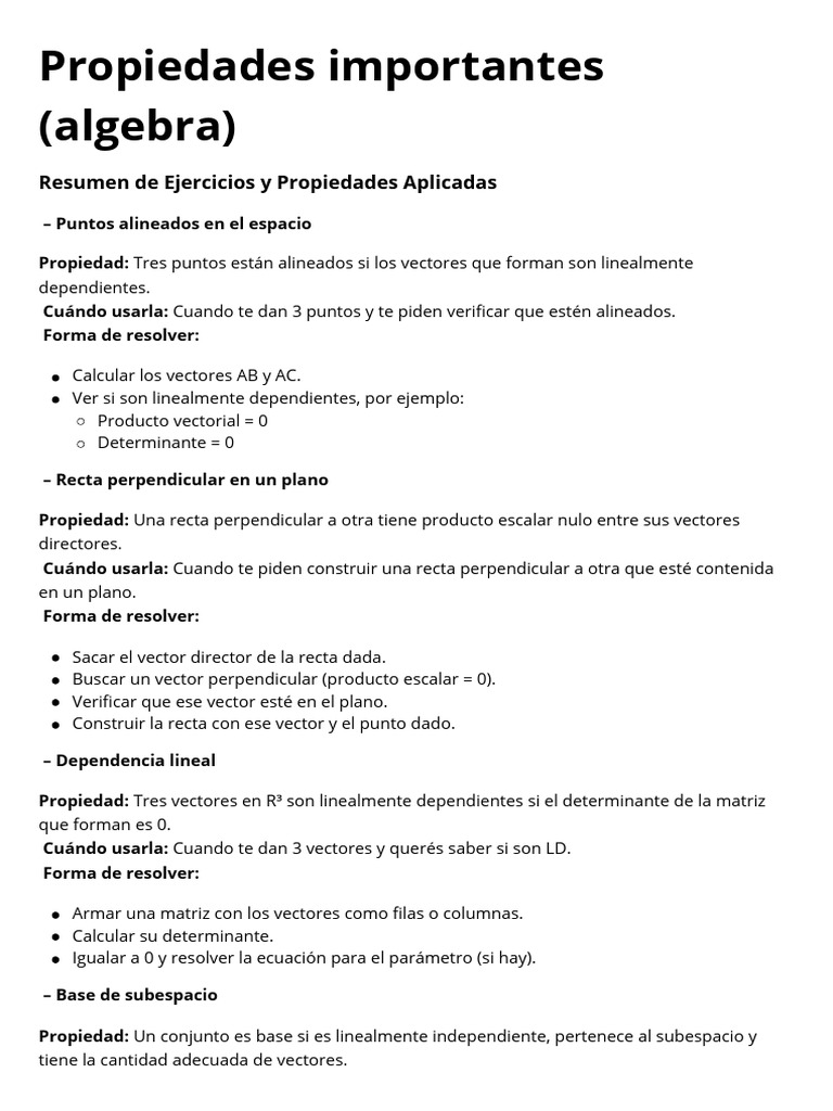 Propiedades Importantes (Algebra) | PDF | Espacio vectorial | Determinante