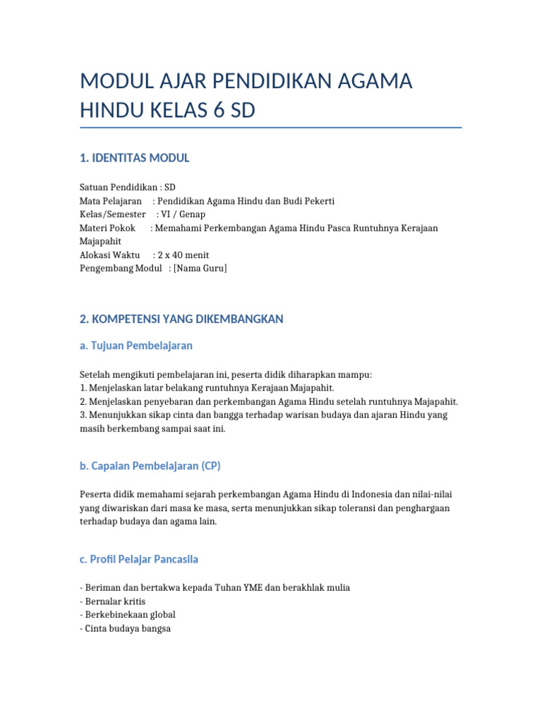 Modul Ajar Agama Hindu Kelas 6 SD Pasca Majapahit | PDF