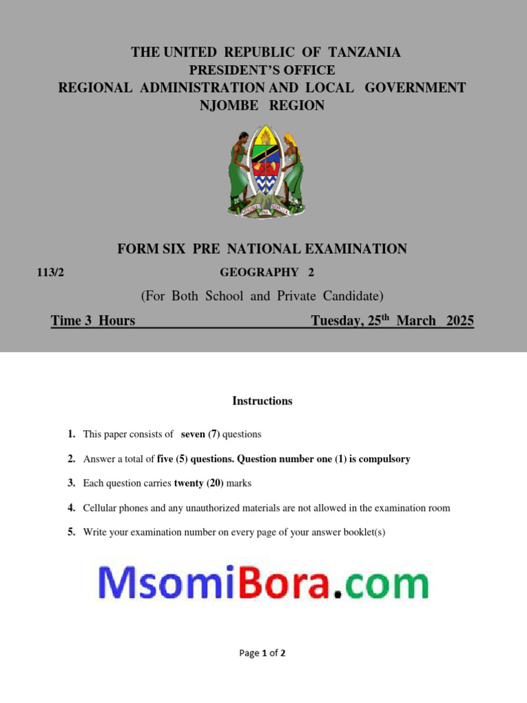 Geography Form Two Past Papers & Answers | PDF | Census | Agriculture