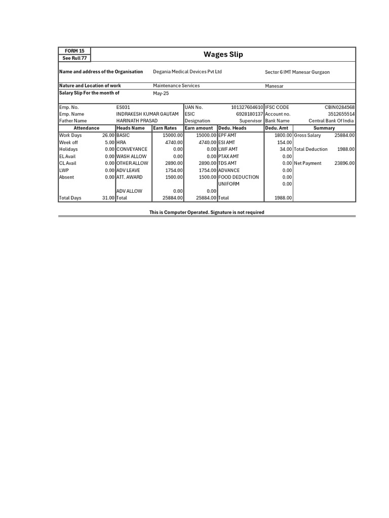 Salary Slip of Mid Level Supervisor | PDF