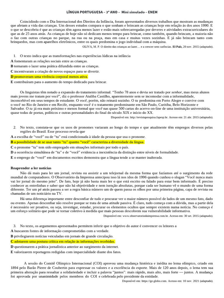 3º Mini Simulado Enem | PDF | Terceira idade | Brasil