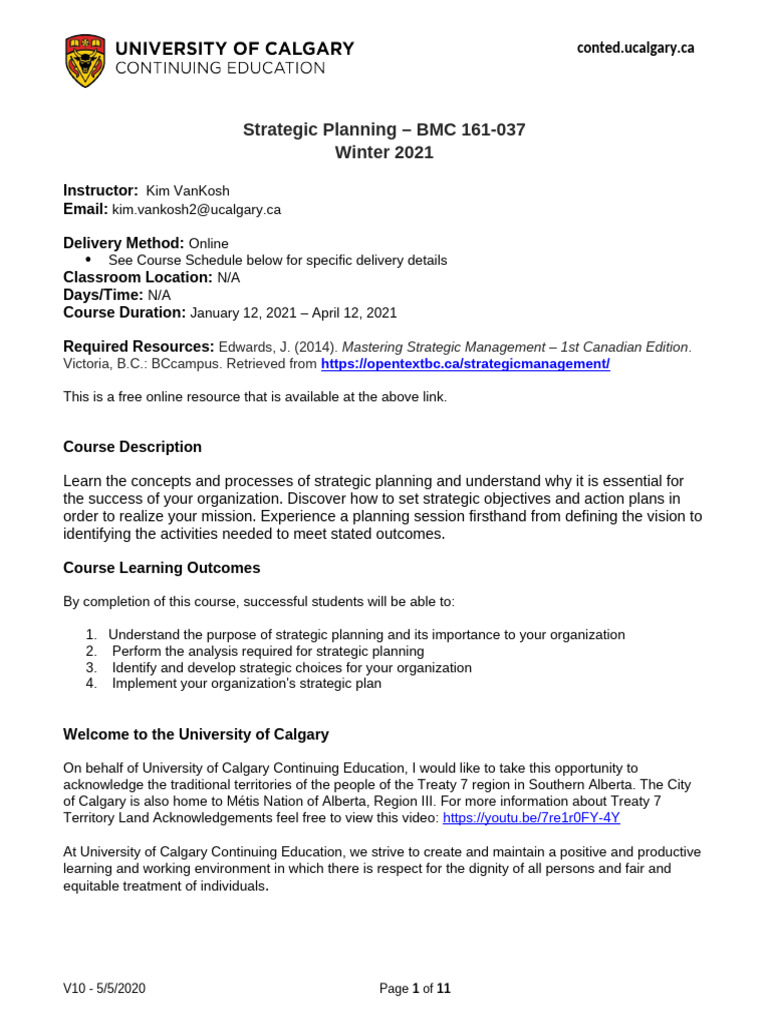 Strategic Planning Course Outline BMC 161 037 | PDF | Swot Analysis ...