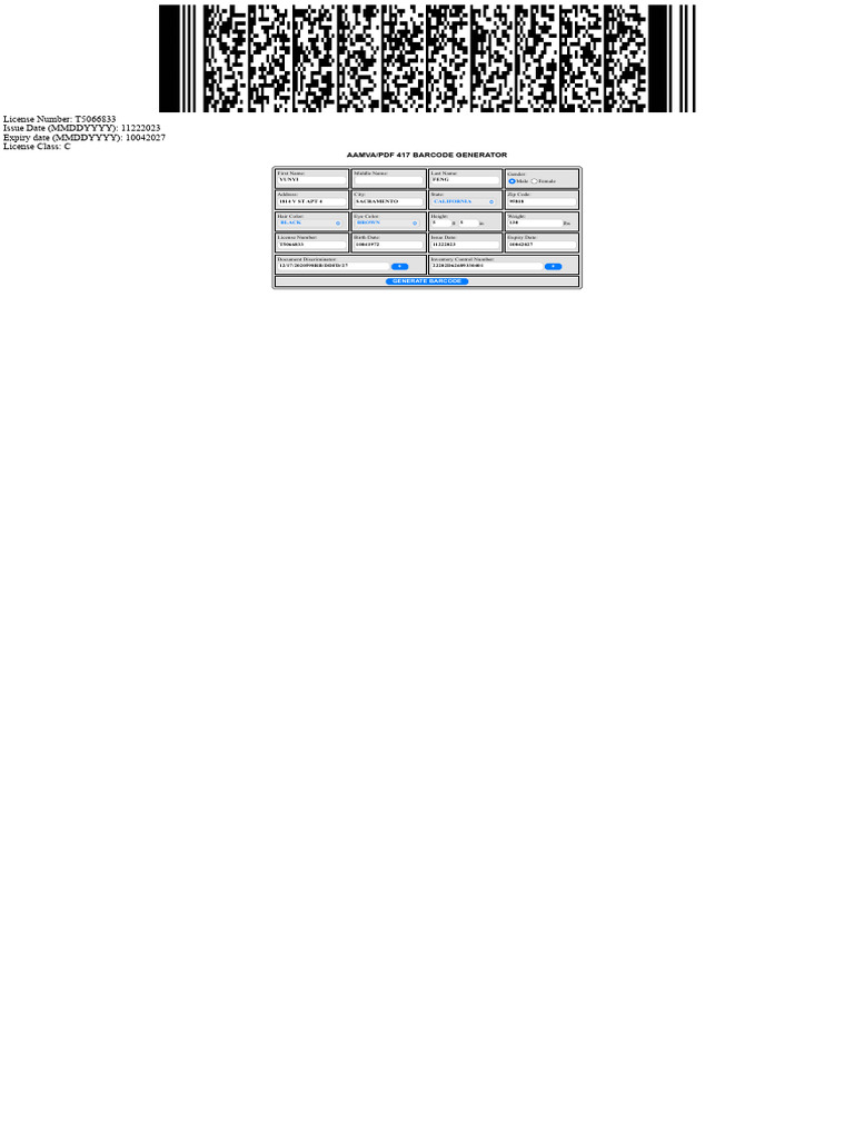 AAMVA PDF417 Barcode License Generator | PDF