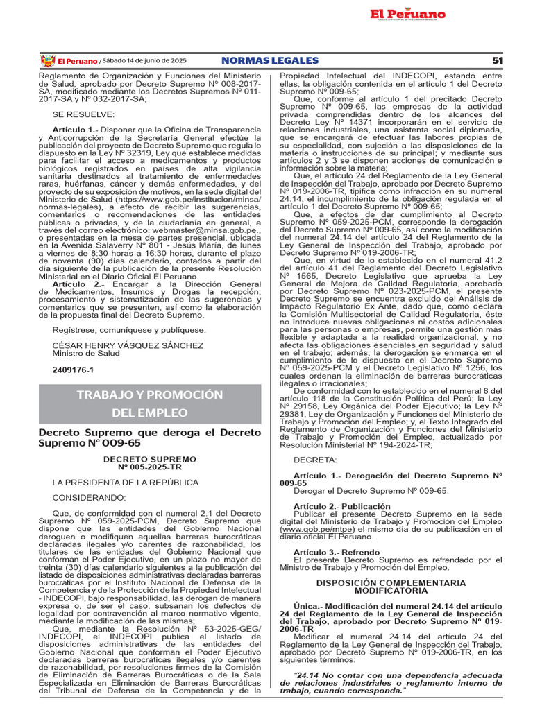 DS 005-2025 TR Deroga Asistencia Social | PDF | Regulación | Perú
