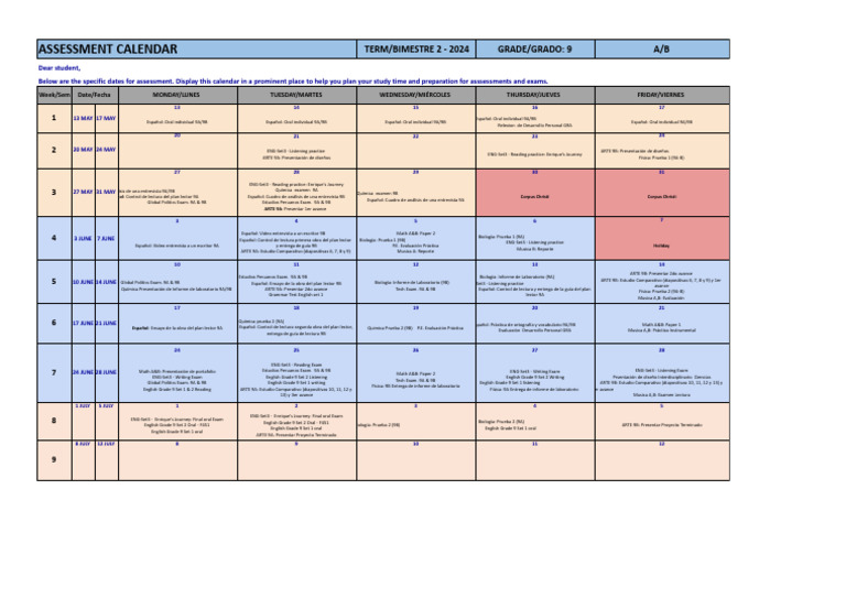 Assessment Calendar Term 2-2024 - Grade 9 | PDF