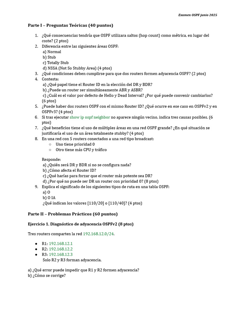 Examen Recu OSPF Junio | PDF | Enrutador (Computación) | Red de área amplia