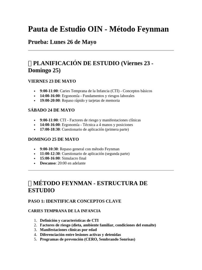 Plan de Estudio OIN: Método Feynman | PDF | Odontología ...
