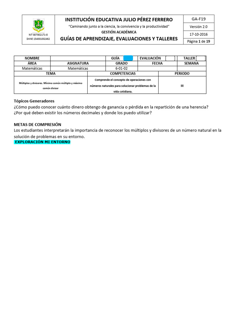 Guia Múltiplos y Divisores. Mínimo Común Múltiplo y Máximo Común ...