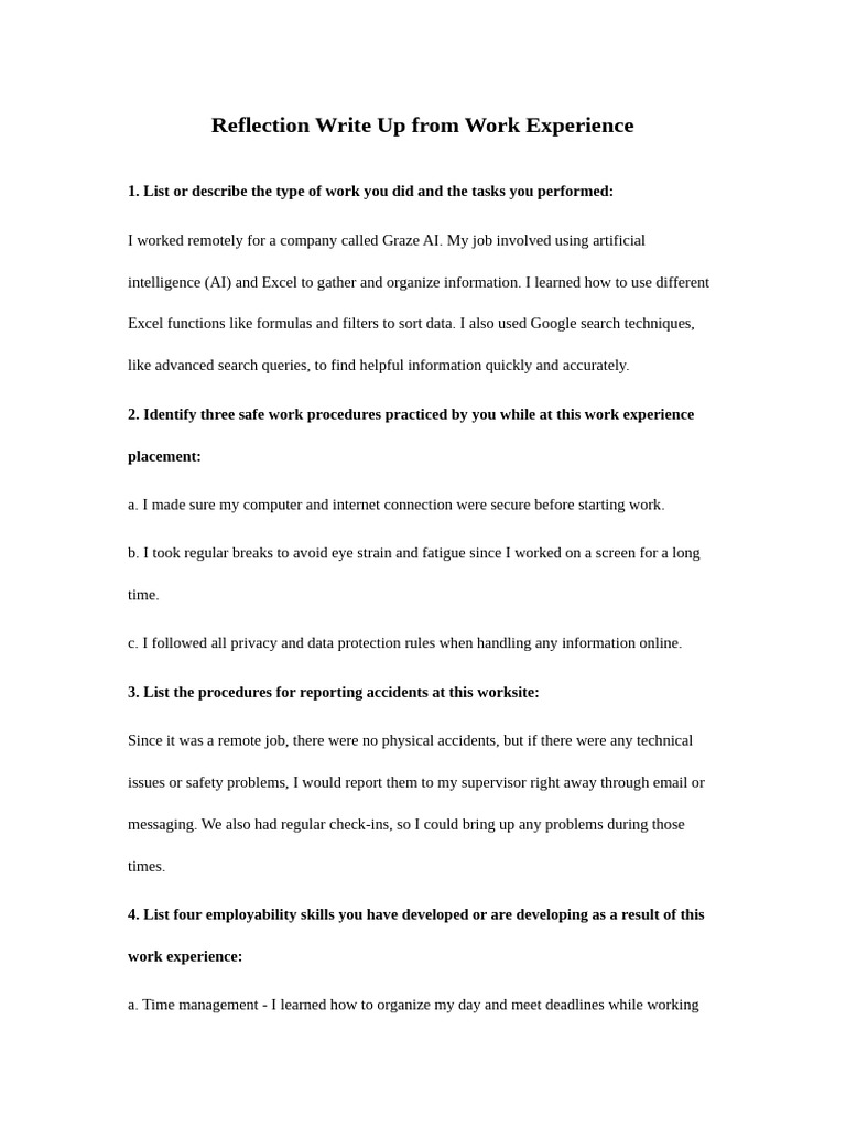 Reflection Write Up From Work Experience | PDF | Artificial ...