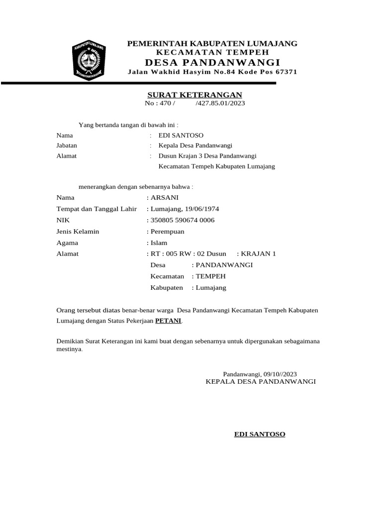 Surat Keterangan Pekerjaan ARSANI | PDF