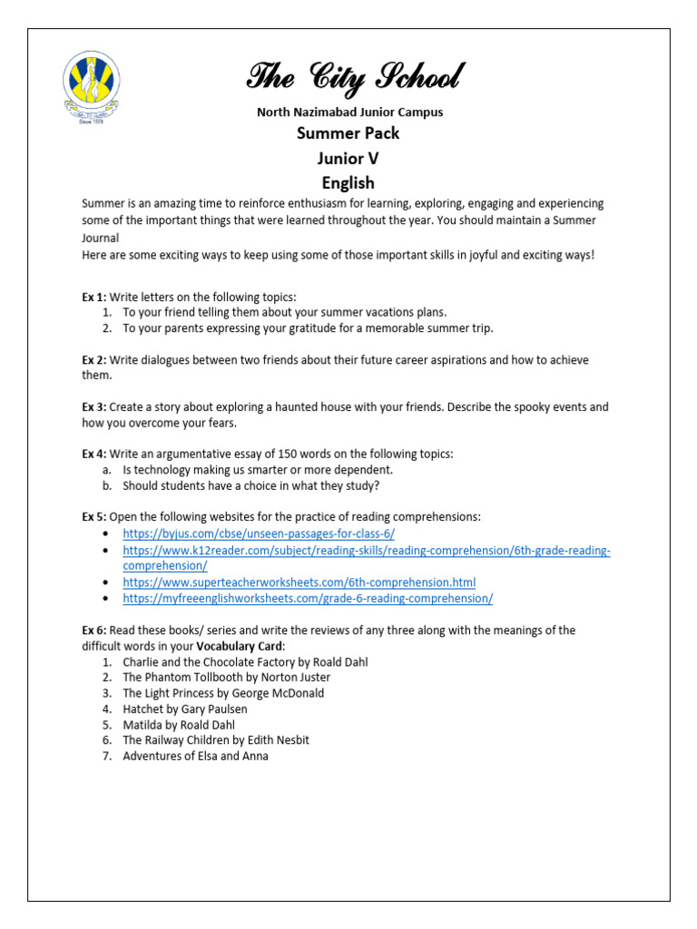 FINAL Class 5 Summer Homework | PDF