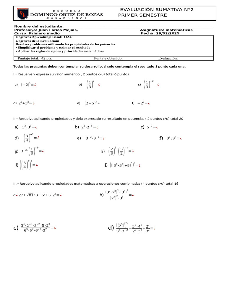 Evaluación Sumativa 1 Primero Medio | PDF | Matemáticas