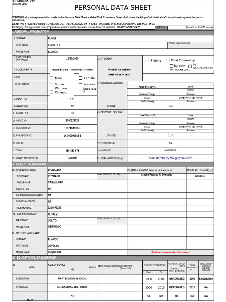 Cs Form No. 212 Revised Personal Data Sheet - New | PDF