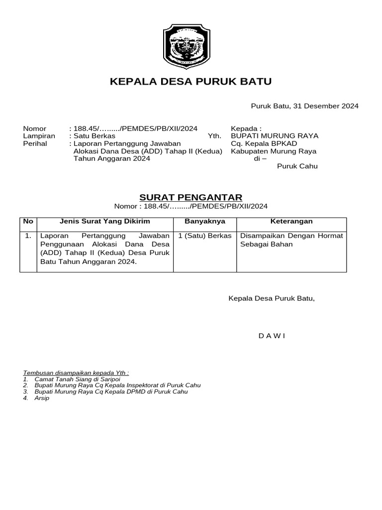 Pengantar SPJ ADD Puruk Batu Tahun 20241.Prn | PDF