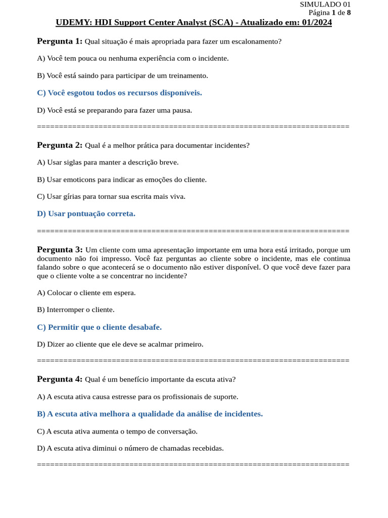 UDEMY - SIMULADO 01 HDI Support Center Analyst - SCA | PDF | Psicologia ...