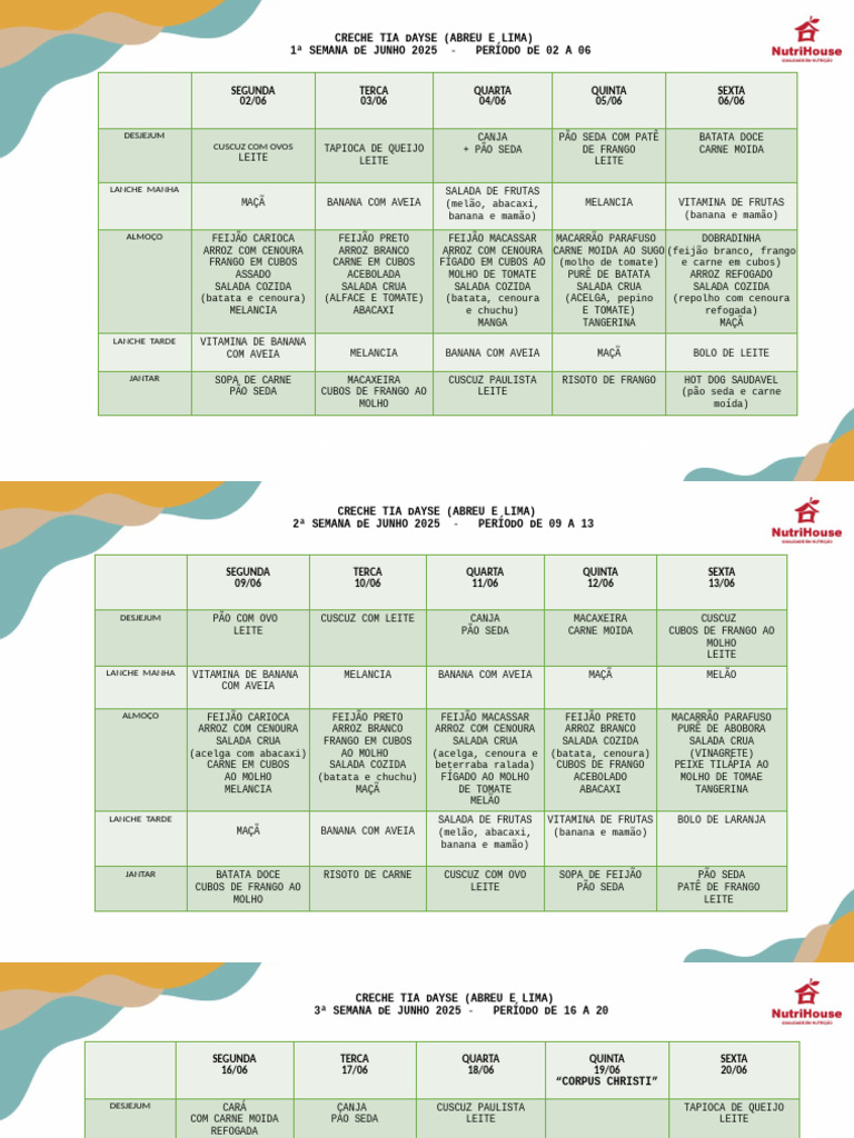 Cardapio JUNHO 2025 | PDF | Banana | Culinária vegana