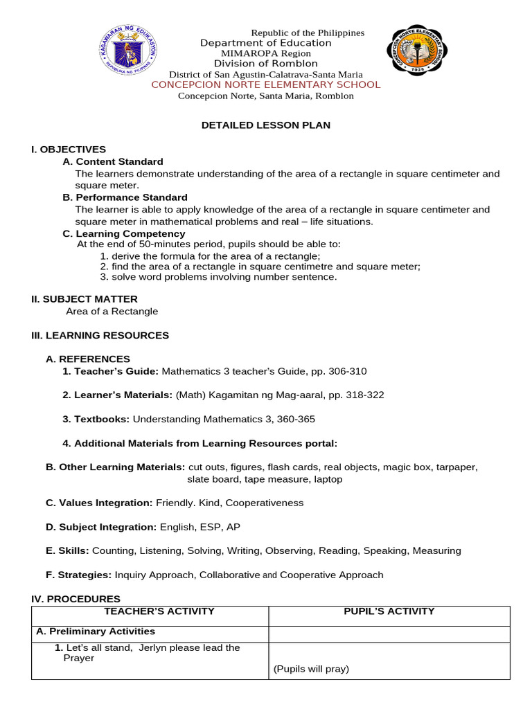 Detailed Lesson Plan Area of A Rectangle | PDF | Area | Length