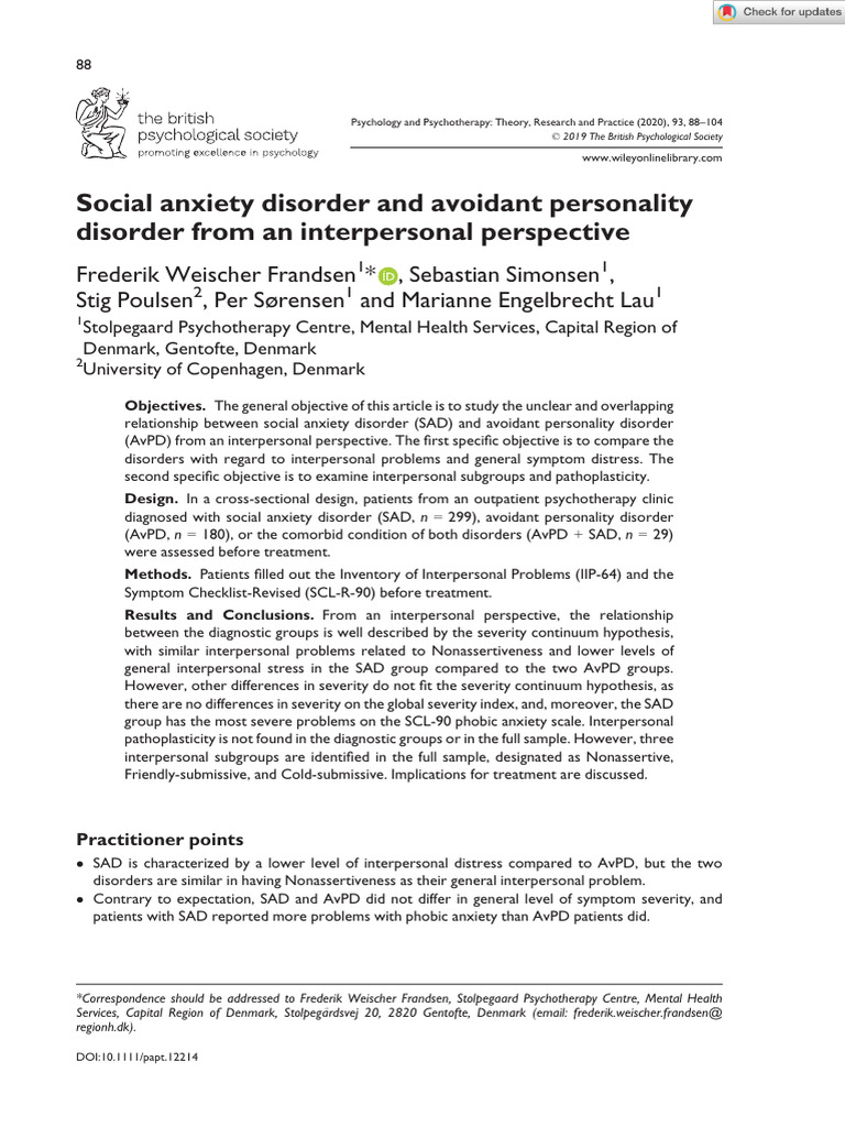 Psychol Psychother - 2019 - Frandsen - Social Anxiety Disorder and Avoidant Personality Disorder ...
