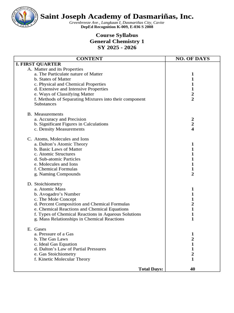 General Chemistry 1 Syllabus 2025-2026 | PDF | Chemistry | Gases