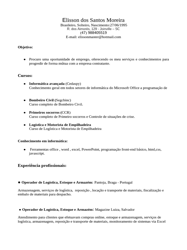 Currículo de Elisson dos Santos Moreira | PDF | Logística | Setor ...