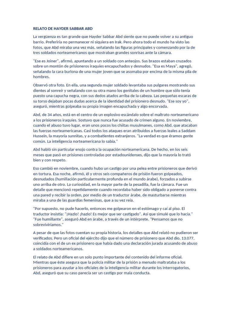 Relato de abusos de Hayder Sabbar Abd | PDF | Saddam Hussein