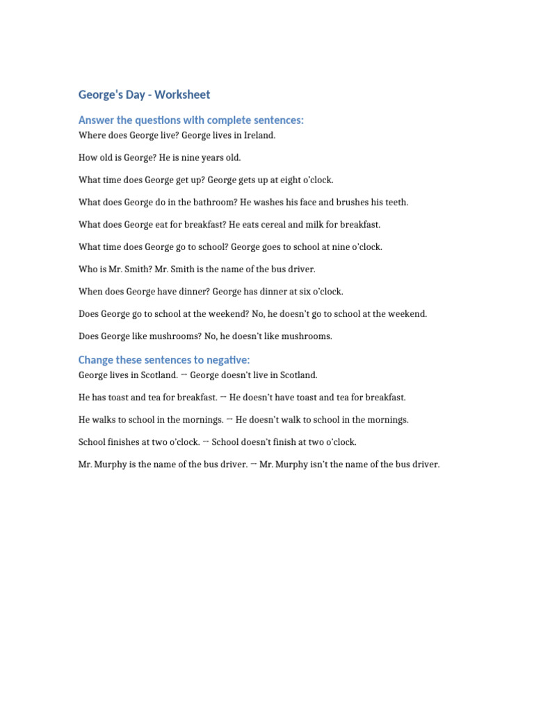 George's Day Worksheet | PDF
