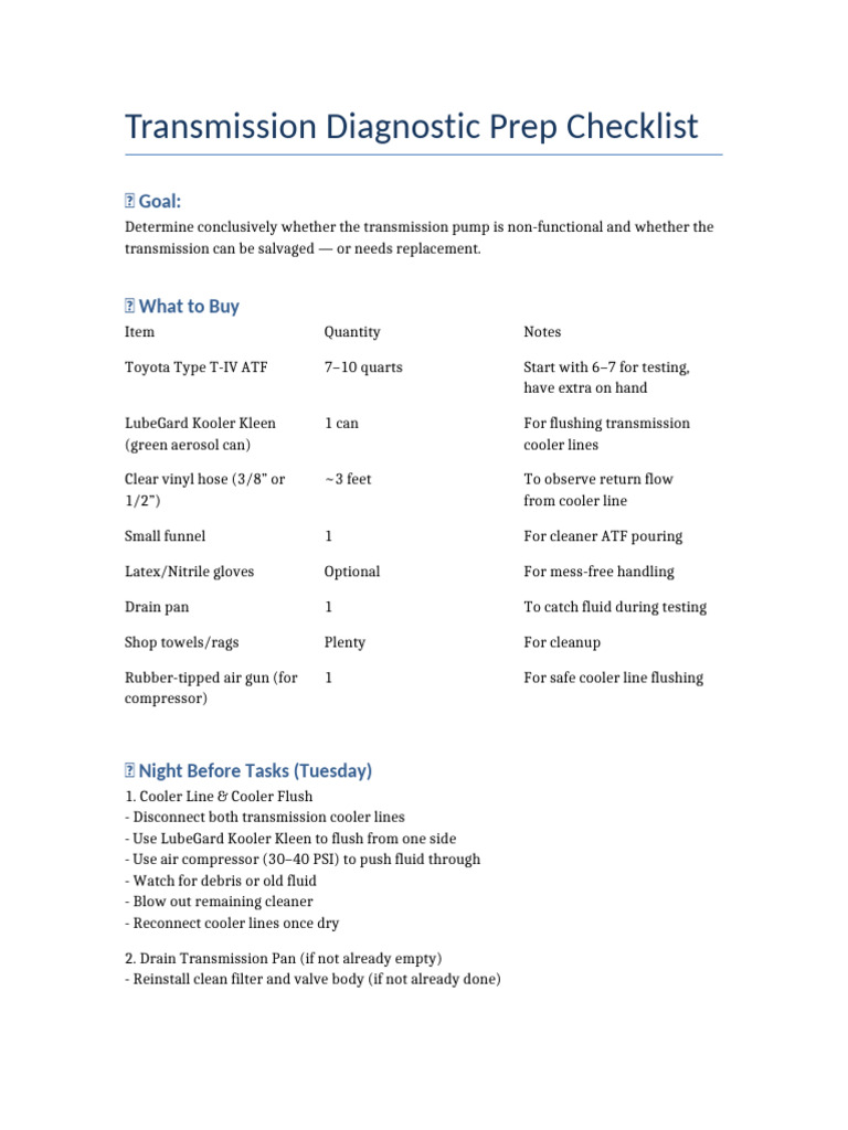 Transmission Diagnostic Prep Checklist | PDF | Mechanical Engineering