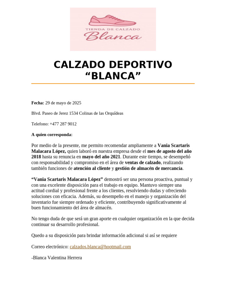 Recomendación Laboral para Vania Scartaris | PDF