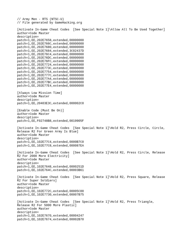 Army Men RTS Cheat Codes Guide | PDF