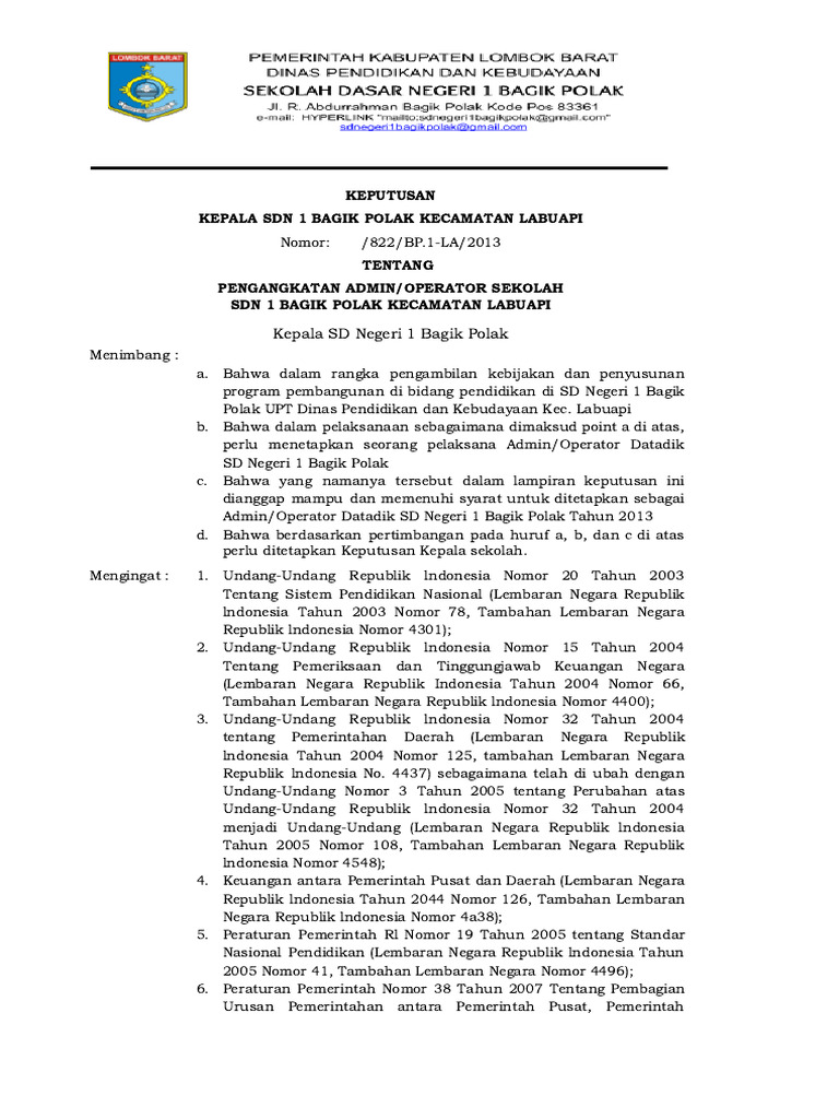 Contoh SK Operator Sekolah | PDF