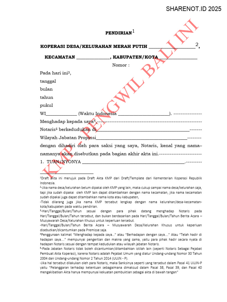 Contoh Akta Rancangan - Draft Pendirian KMP Pengwil Bali Ini 2025 - Watermark | PDF
