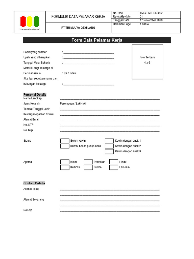 TMG-FM-HRD-002 Form Data Pelamar Kerja | PDF