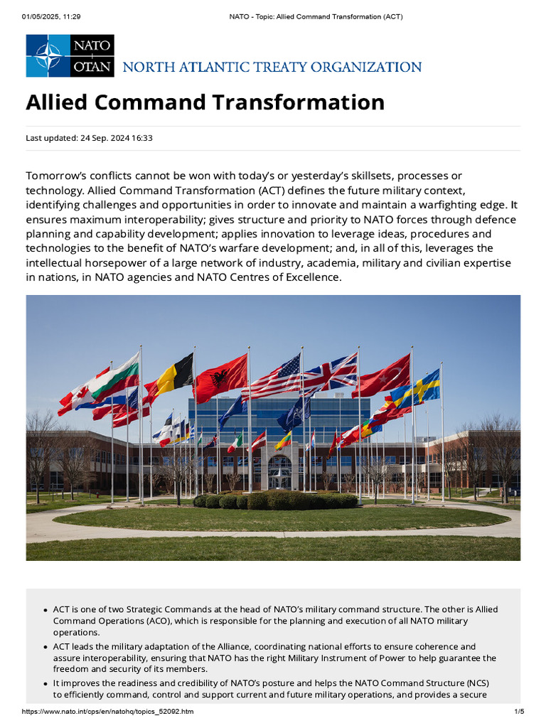 NATO - Topic - Allied Command Transformation (ACT) | PDF | Nato | Military