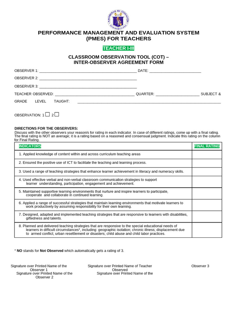 Annex C-4 - COT Inter-Observer Agreement Form For Proficient Teacher ...