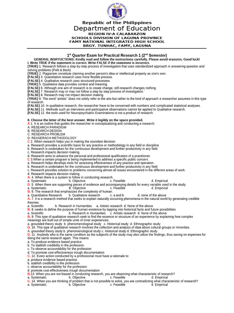 Pr1 Exam - 1st Quarter - Key | PDF | Qualitative Research | Methodology