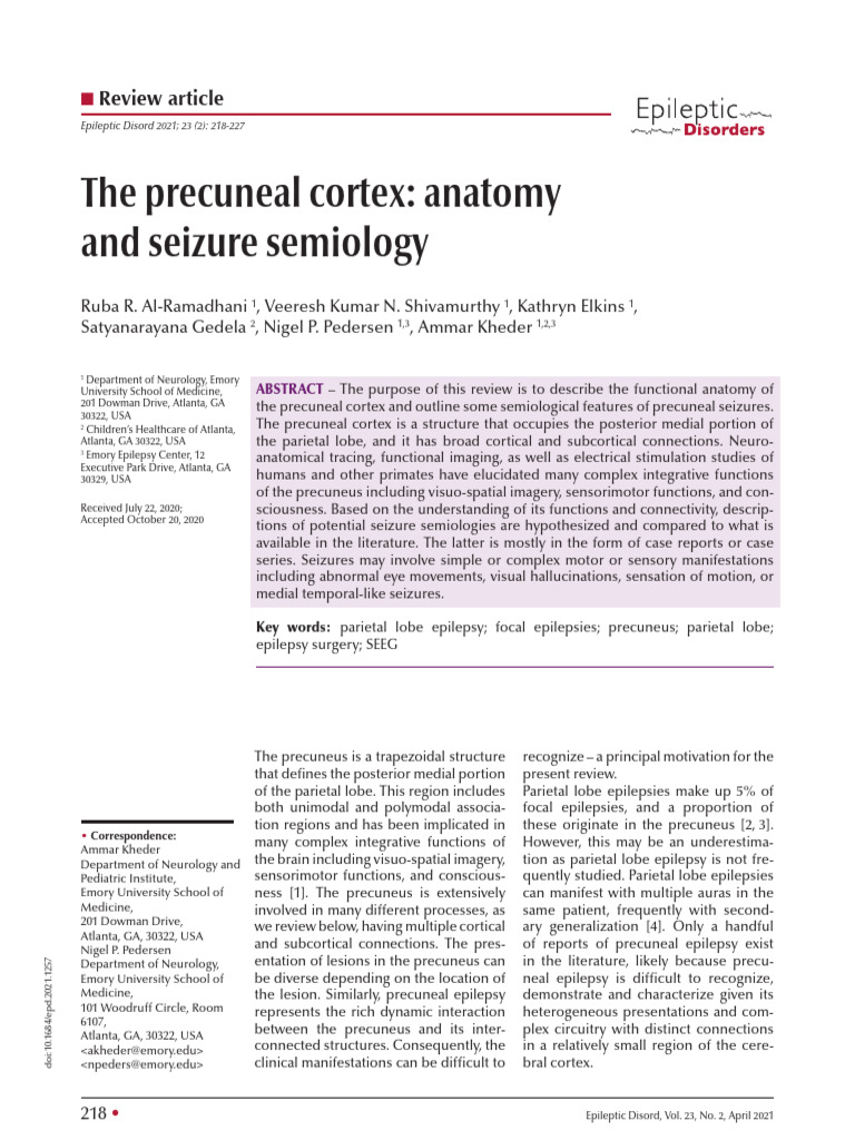The Precuneal Cortex Anatomy and Seizure Semiology | PDF | Cingulate ...