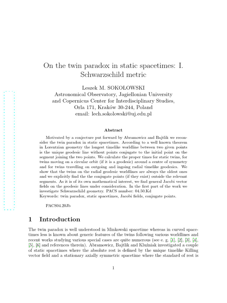 On The Twin Paradox in Static Spacetimes: I. Schwarzschild Metric | PDF | Spacetime | Theory Of ...
