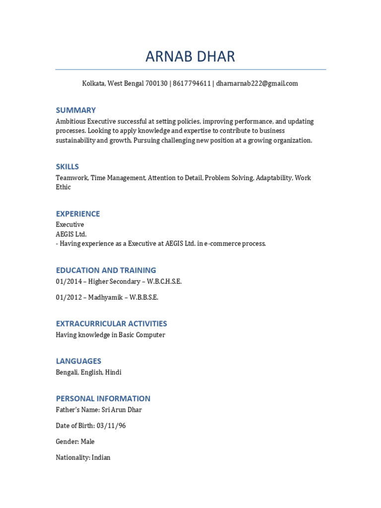 Kolkata Executive Resume Summary | PDF