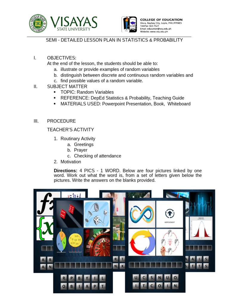 Lesson Plan: Random Variables in Statistics | PDF | Randomness | Random ...
