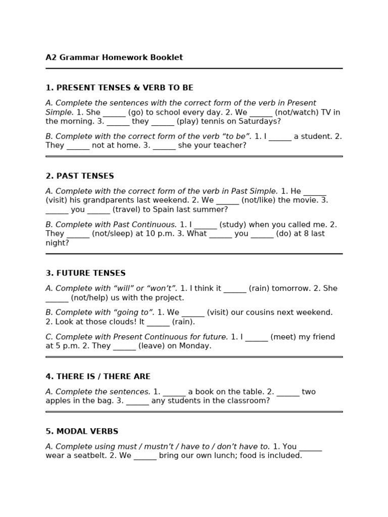 A2 Grammar Homework Exercises | PDF | Grammatical Tense | Verb