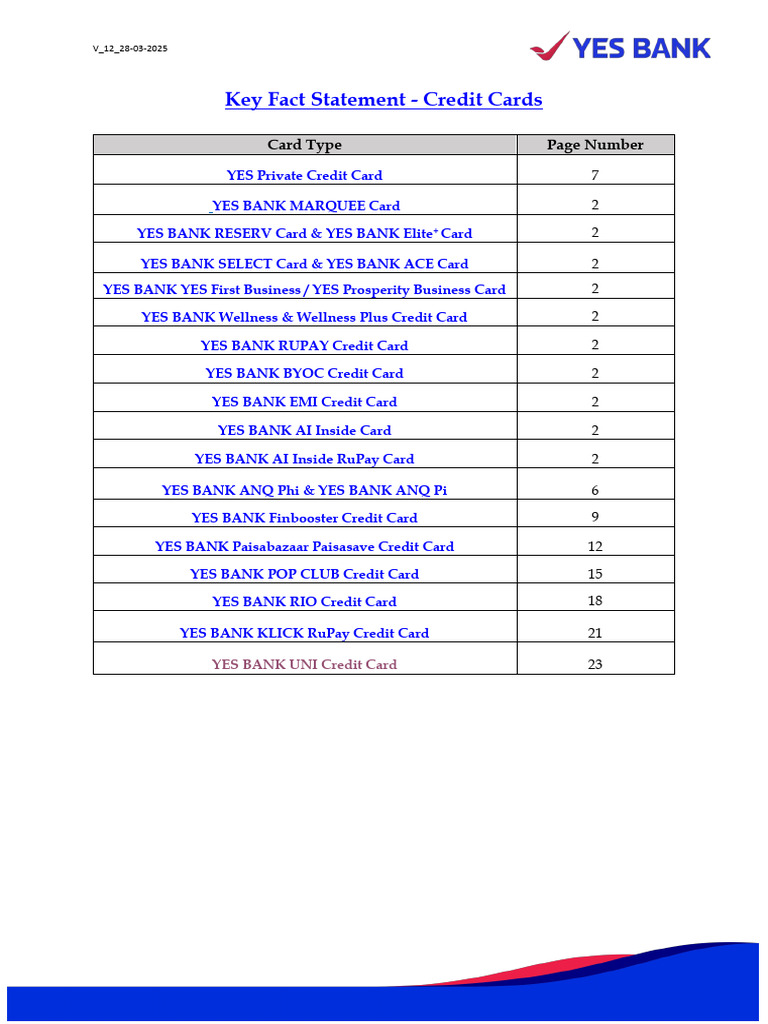 Yesbank Key Fact Statement | PDF | Credit Card | Debit Card