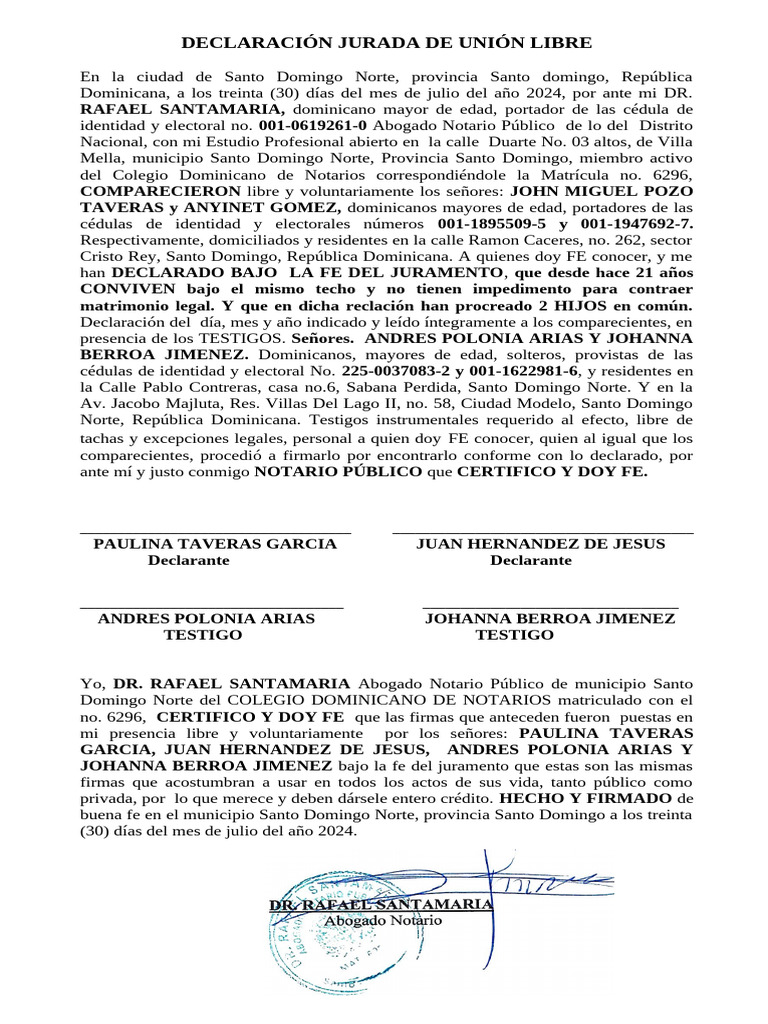 Declaracion Jurada de Union Libre Robert Jose Henriquez Berrios y Estefany Maria Rivera ...