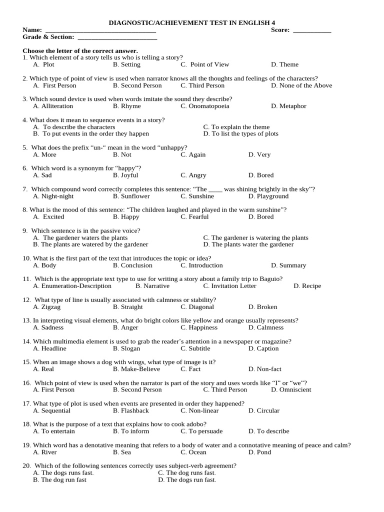 Grade 4 English Diagnostic Test 2025 | PDF | Narration | Linguistics