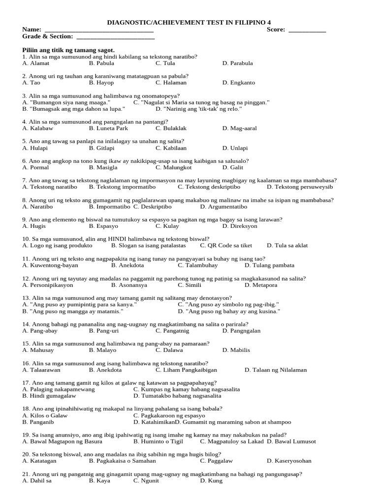 Diagnostic Test Filipino 4 2025 2026 | PDF