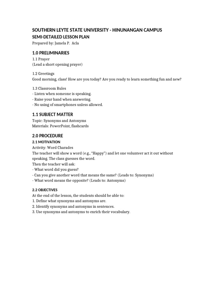 Synonyms and Antonyms Lesson Plan | PDF
