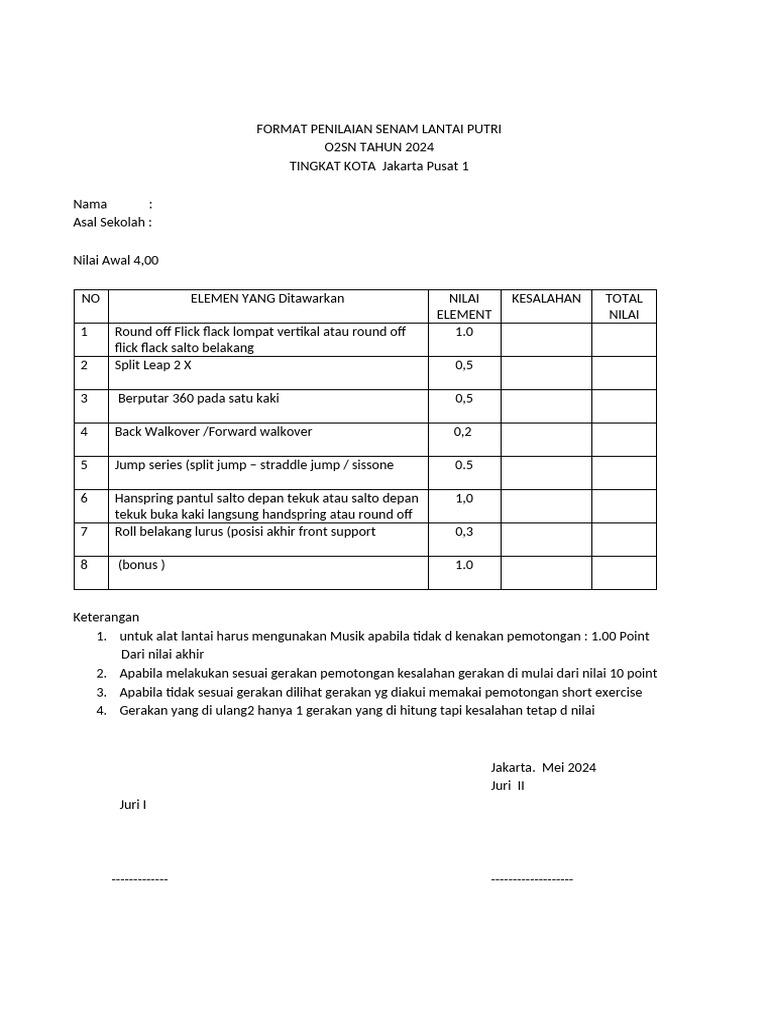 Format Penilaian Senam Putri o2sn 2024 (1) | PDF