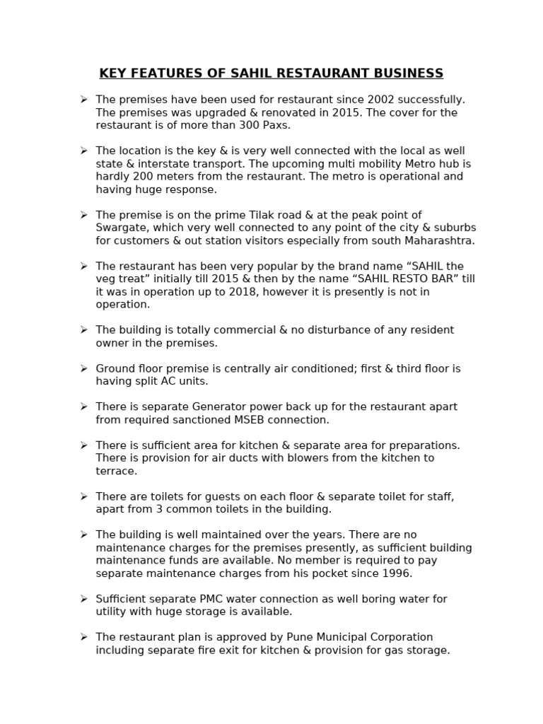 Key Features of Sahil Restaurant Business (19th November) | PDF