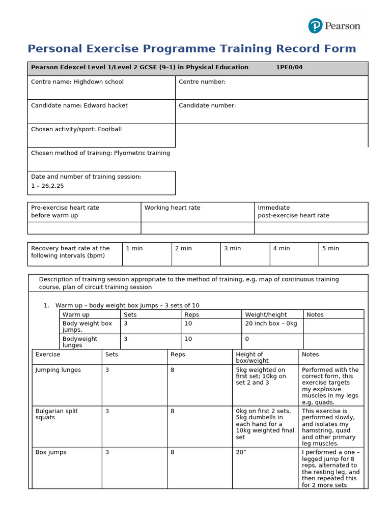 PEP Practical Training Recording Sheet (12 Sessions) - Edward Hackett | PDF | Heart Rate | Heart